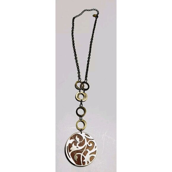Icing | Jewelry | Icing Wood Metal Gold Tone Chain Long Necklace Ornate ...
